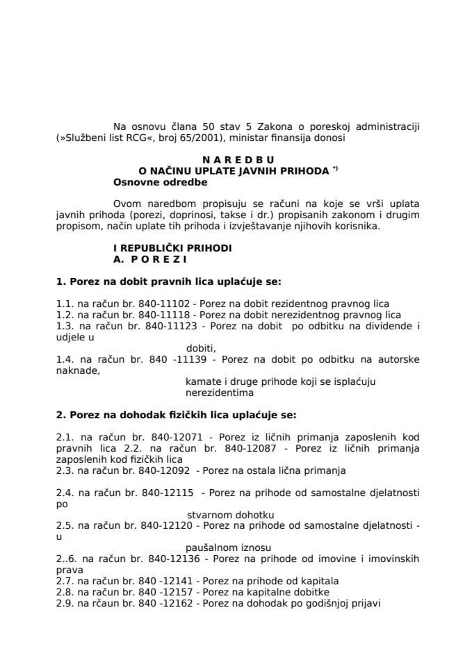 NAREDBA O NAČINU UPLATE JAVNIH PRIHODA