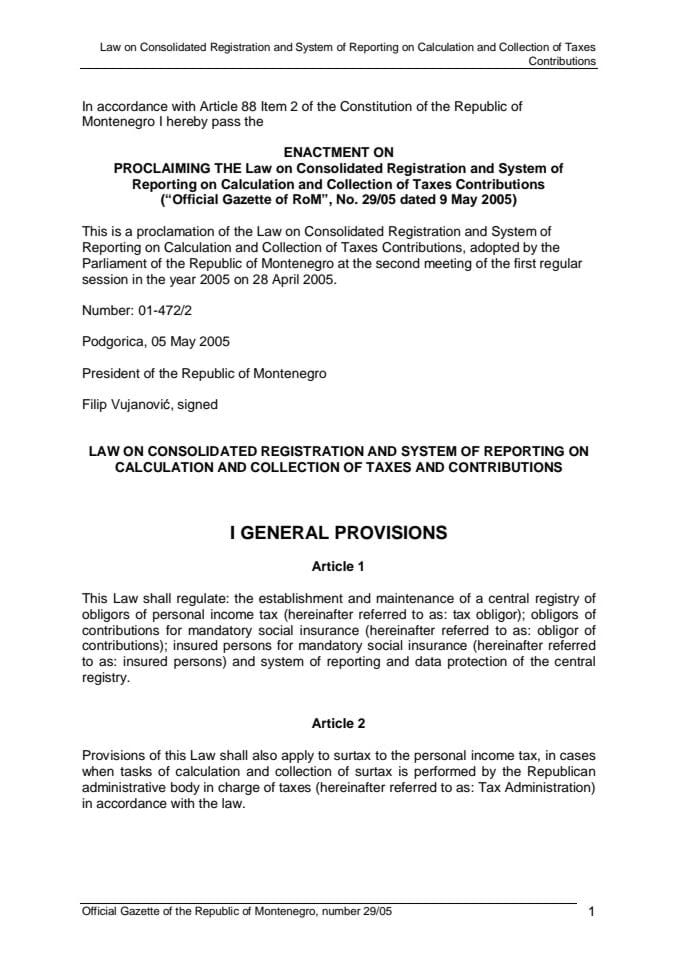 Law on Consolidated Registration and System of Reporting on Calculation ...