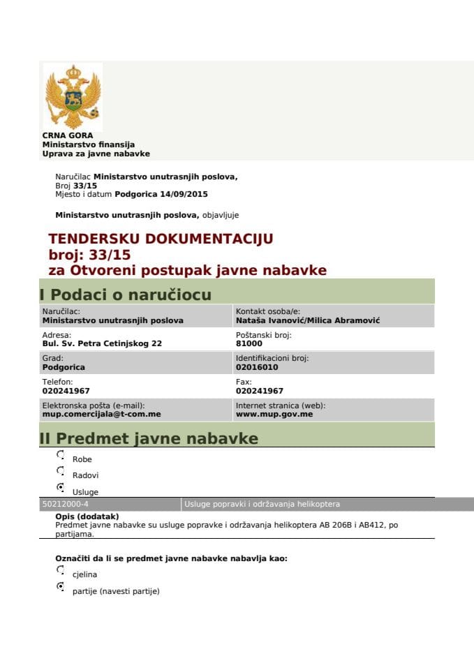 Tenderska dokumentacija za otvoreni postupak javne nabavke- usluge popravke i održavanja 33-15