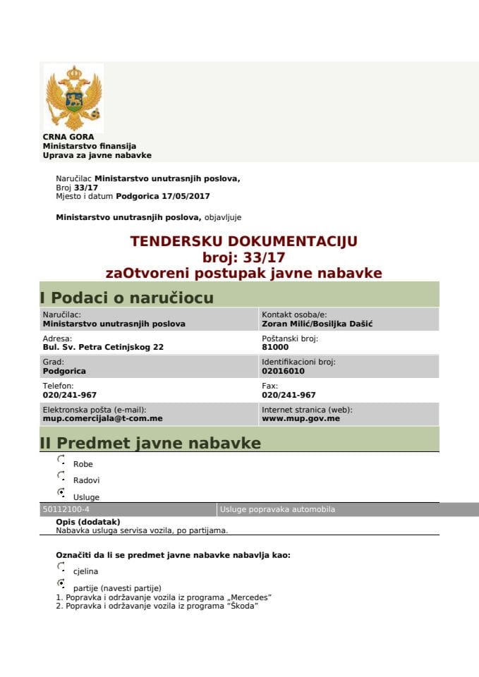 Tenderska dokumentacija za otvoreni postupak javne nabavke br. 33-17