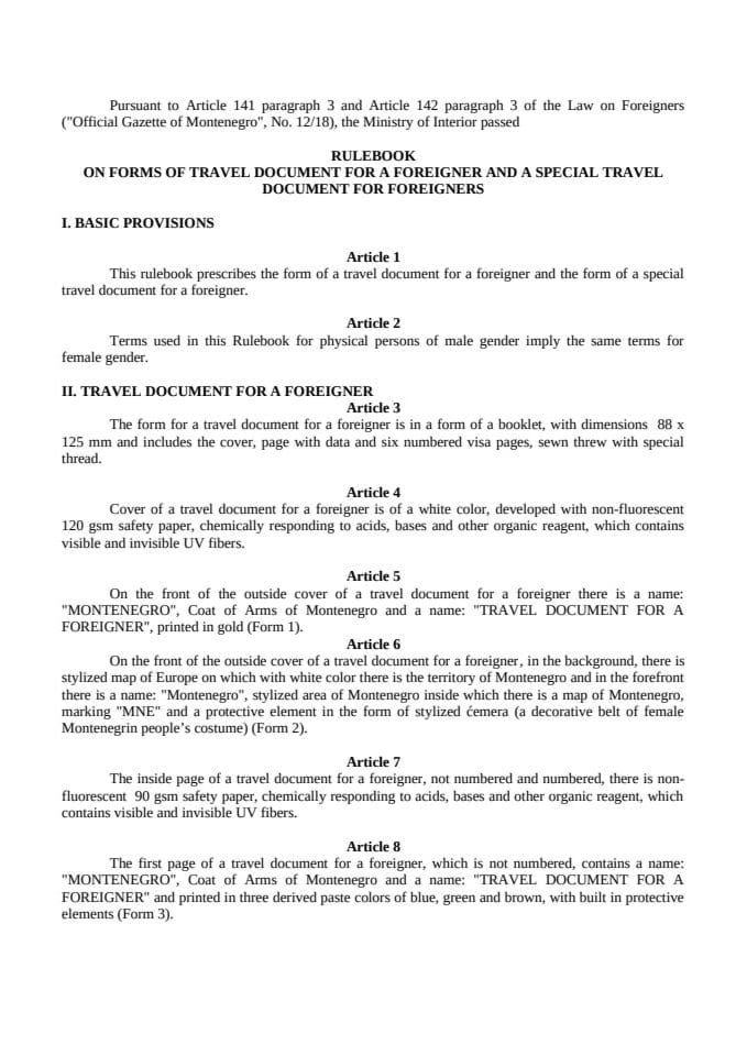 Rulebook on forms of travel document for foreigner