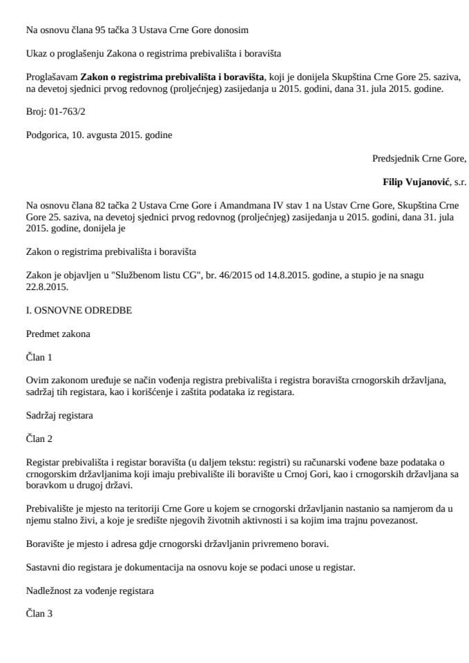 Zakon o registrima prebivališta i boravišta