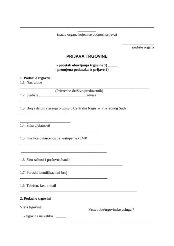 Obrazac za prijavu trgovine