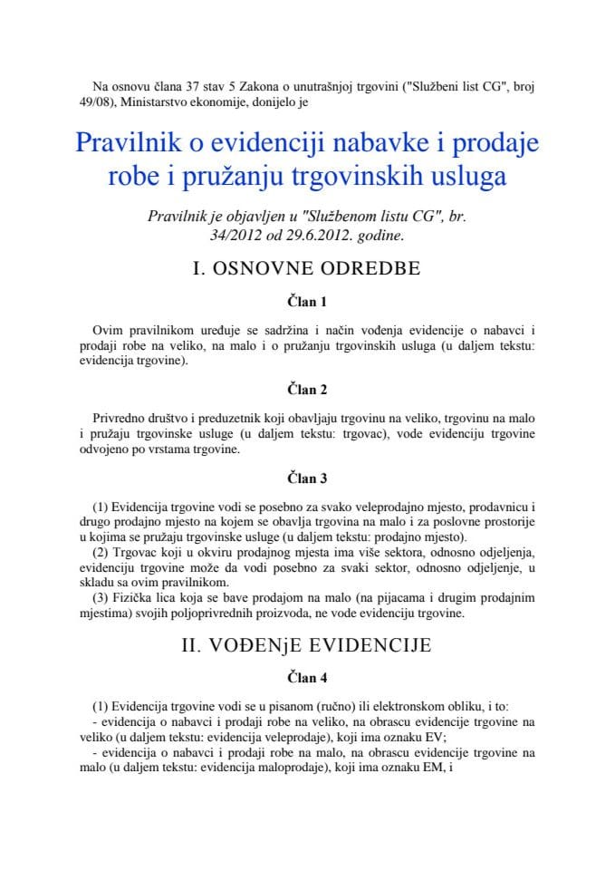 Pravilnik o evidenciji nabavke i prodaje robe i pružanju trgovinskih usluga