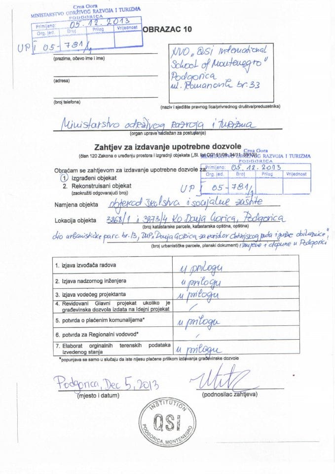 UPI 05-781-1NVO QSI International School of Montenegro