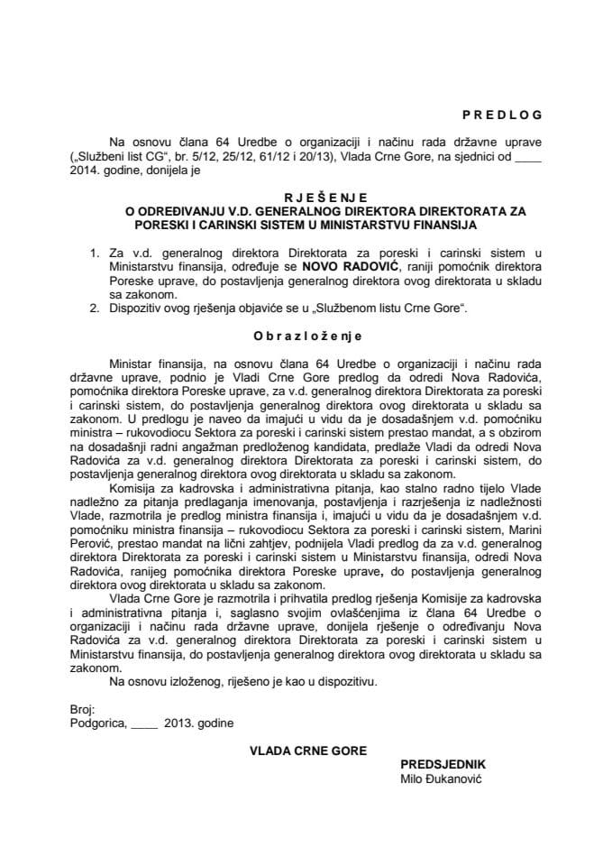 Predlog rješenja o određivanju v.d. generalnog direktora Direktorata za poreski i carinski ...
