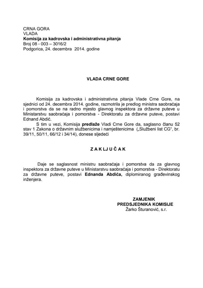 Predlog zaključka o davanju saglasnosti za postavljenje glavnog ...