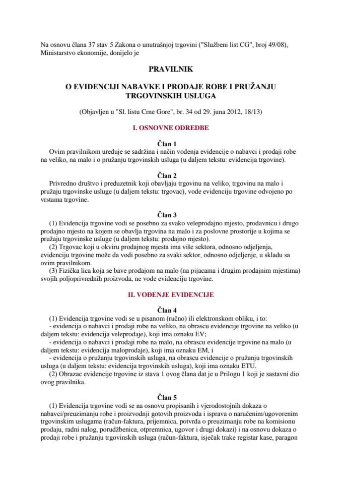 Pravilnik o evidenciji nabavke i prodaje robe i pružanju trgovinskih usluga