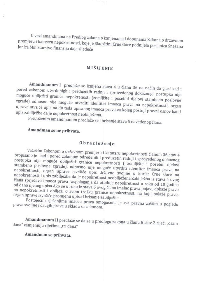 Predlog mišljenja na amandmane na Predlog zakona o izmjenama i dopunama ...
