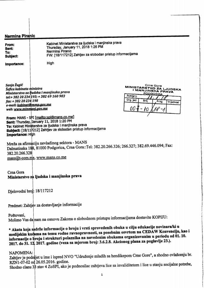 Zahtjev za slobodan pristup informacijama Mreže za afirmaciju nevladinog sektora MANS br. 007-10 ...