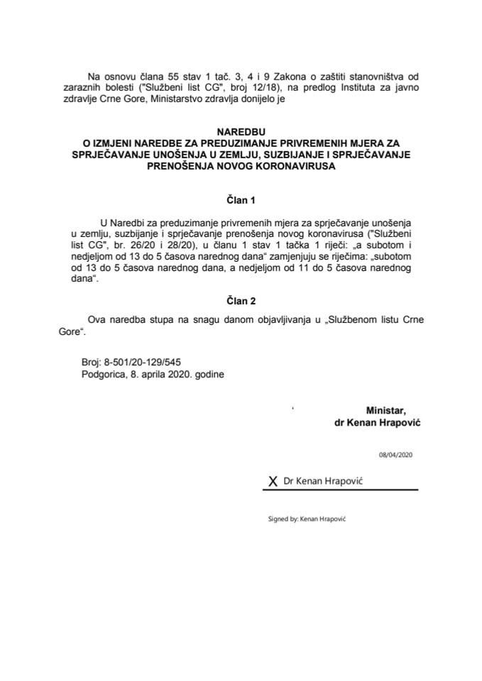 Naredba o izmjeni Naredbe za preduzimanje privremenih mjera za ...