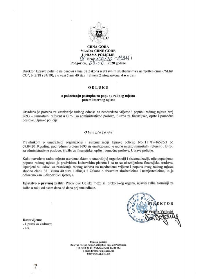 Odluka o pokretanju postupka za popunu radnog mjesta putem internog ...