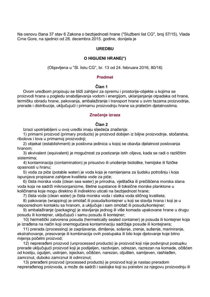 Uredba o higijeni hrane