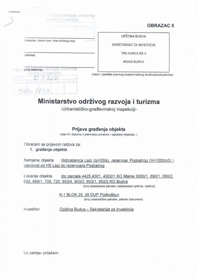 071-4-173-1 OPŠTINA BUDVA- SEKRETARIJAT ZA INVESTICIJE