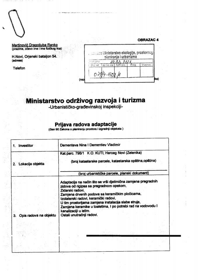 Prijava radova adaptacije - 071-4-1302-1 Dementeva Nina i Dementiev ...