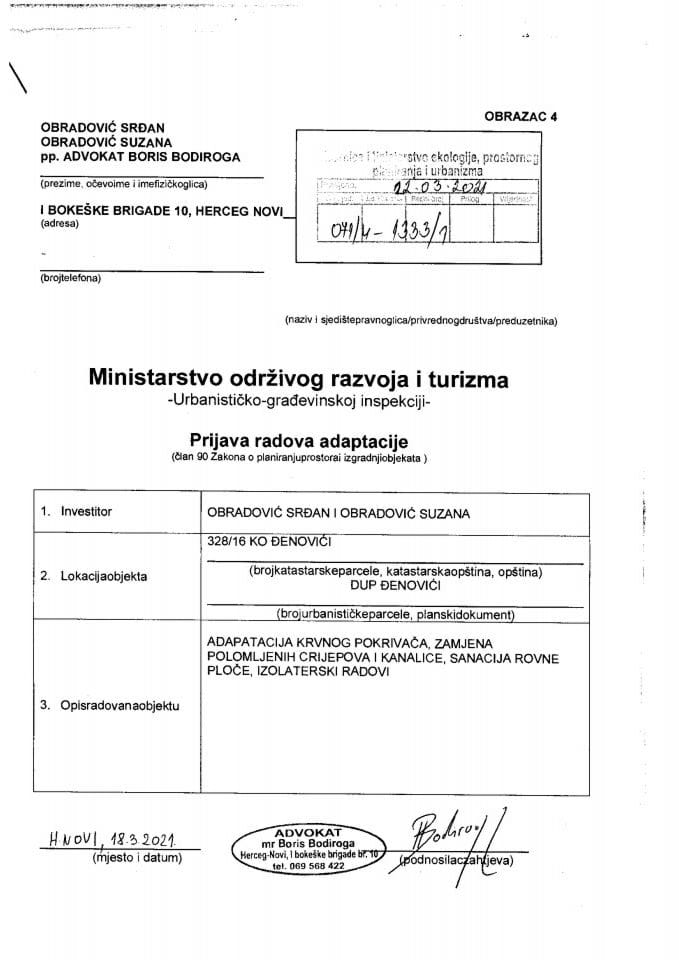 Prijava radova adaptacije - 071-4-1333-1 Obradovic Srdjan i Obradovic ...