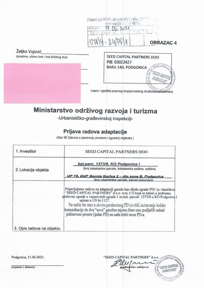 Prijava radova adaptacije - 071-4-2478-1 Seed Capital Partners d.o.o.