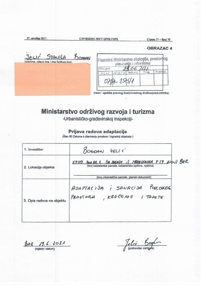 Prijava radova adaptacije - 071-4-2575-1 Bogdan Jelić