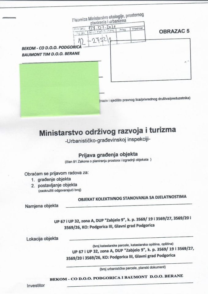 Prijava građenja objekta - 12-2752-1 BEKOM-CO D.O.O. PODGORICA I ...