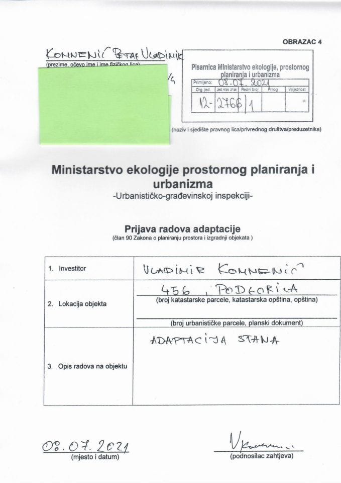 Prijava radova adaptacije - 12-2766-1 VLADIMIR KOMNENIĆ