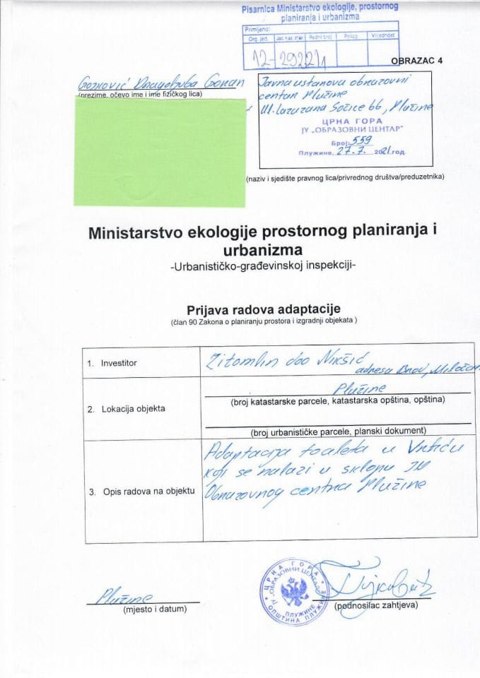 Prijava radova adaptacije - 12-2922/1 ŽITOMLIN DOO NIKŠIĆ