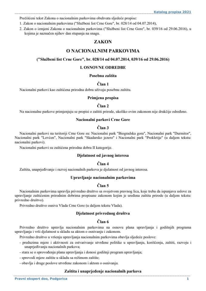 Zakon o nacionalnim parkovima ("Službeni list Crne Gore", br. 028/14 od ...