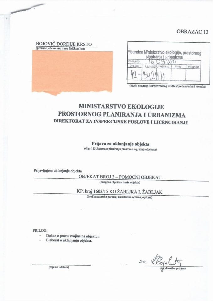 Prijava za uklanjanje objekta - 12-3424-1 BOJOVIĆ KRSTO