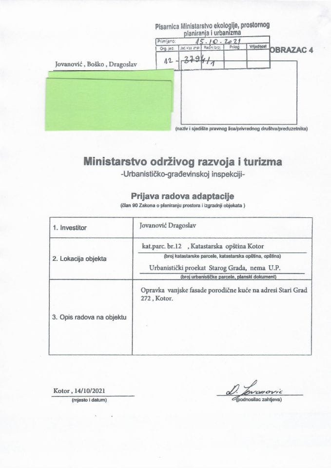 Prijava radova adaptacije - 12-3794-1 JOVANOVIĆ DRAGOSLAV