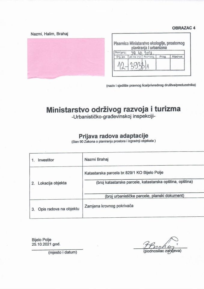 Prijava radova adaptacije - 12-3933-1 NAZMI BRAHAJ