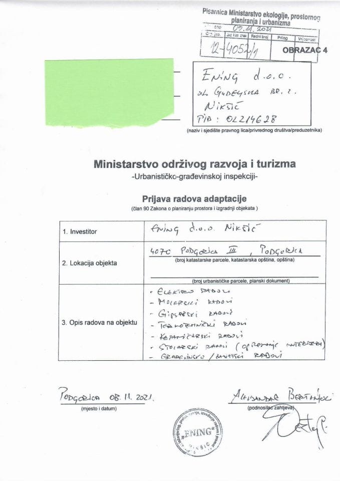 Prijava radova adaptacije - 12-4052-1 ENING DOO NIKŠIĆ
