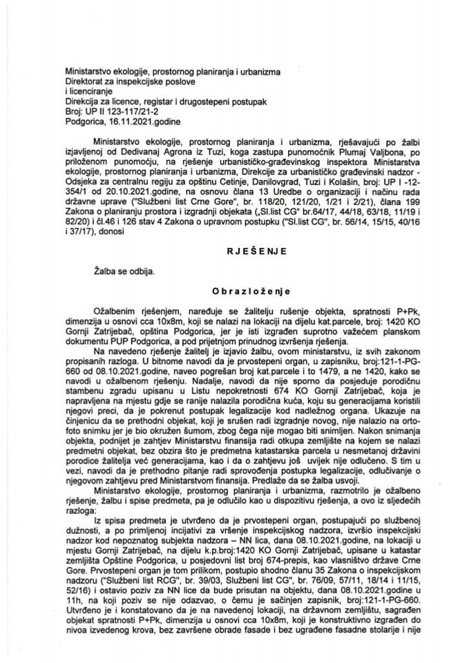 Drugostepeni postupak - UP II 123-117-21 DEDIVANAJ AGRON