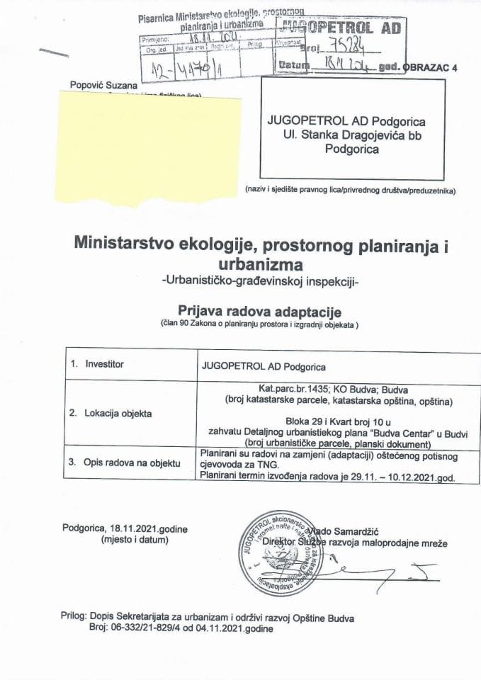 Prijava radova adaptacije - 12-4170-1 JUGOPETROL AD PODGORICA