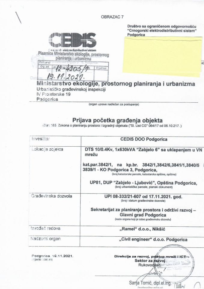 Prijava građenja objekta - 12-4205-1 CEDIS DOO PODGORICA