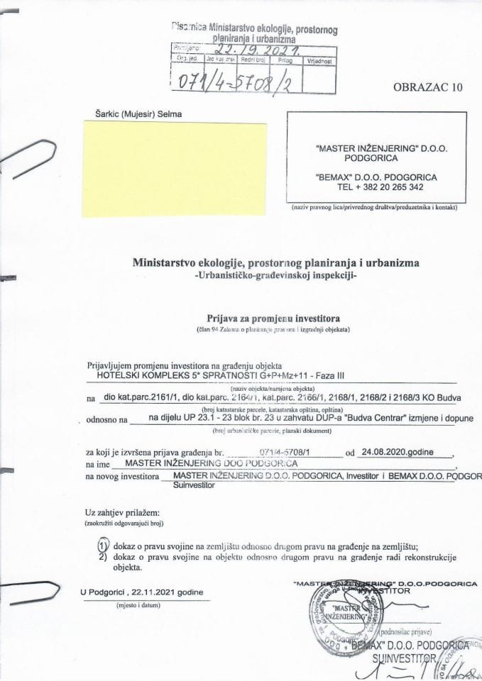 Prijava za promjenu investitora - 071-4-5708-2 MASTER INŽENJERING DOO ...