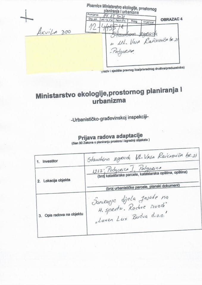 Prijava radova adaptacije - 12-4455-1 AKVILA DOO