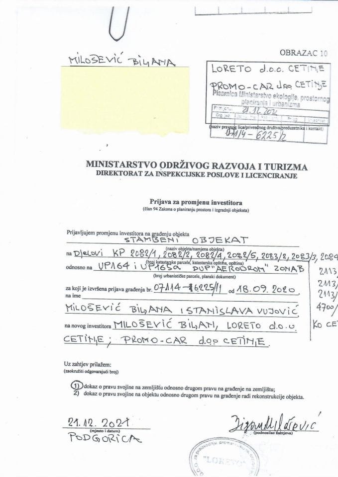 Prijava za promjenu investitora - 071-4-6225-2 LORETO DOO CETINJE ...