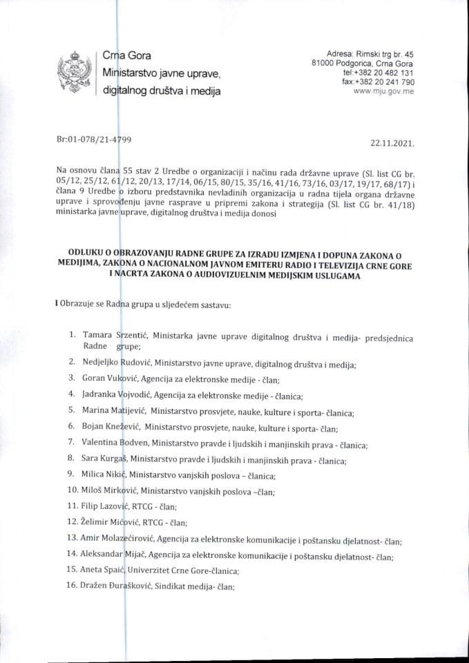 Odluka o obrazovanju radne grupe za izradu izmjena i dopuna zakona o medijima, zakona o ...