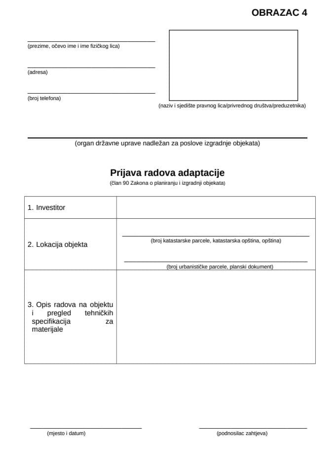 Obrazac 4 - Prijava radova adaptacije