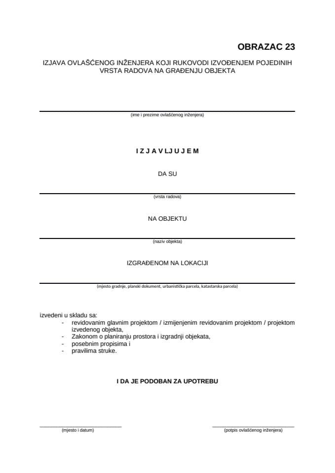 Obrazac 23 - Izjava ovlašćenog inženjera koji rukovodi izvođenjem ...