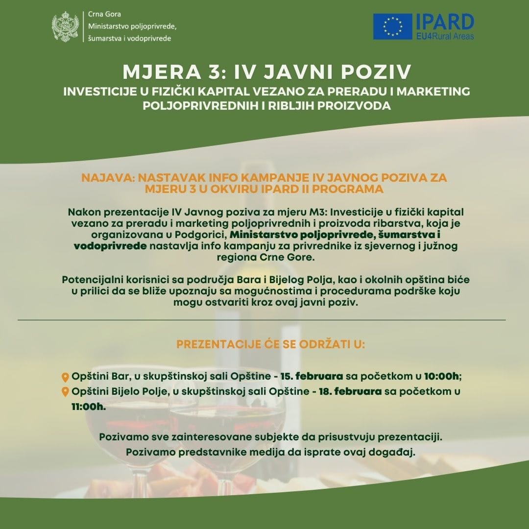 NAJAVA: NASTAVAK INFO KAMPANJE IV JAVNOG POZIVA ZA MJERU 3 U OKVIRU IPARD II PROGRAMA