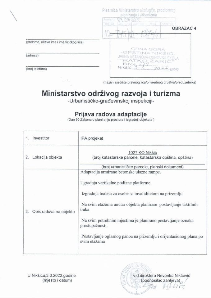 Prijava radova adaptacije - 12-745-22-1370-1 IPA PROJEKAT