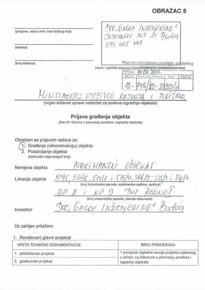 Prijava građenja objekta - 12-745-22-2739-1 DOO GALOP INŽENJERING BUDVA