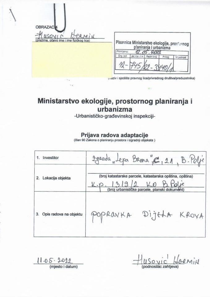 Prijava radova adaptacije - 12-745-22-3440-1 HUSOVIĆ NERMIN