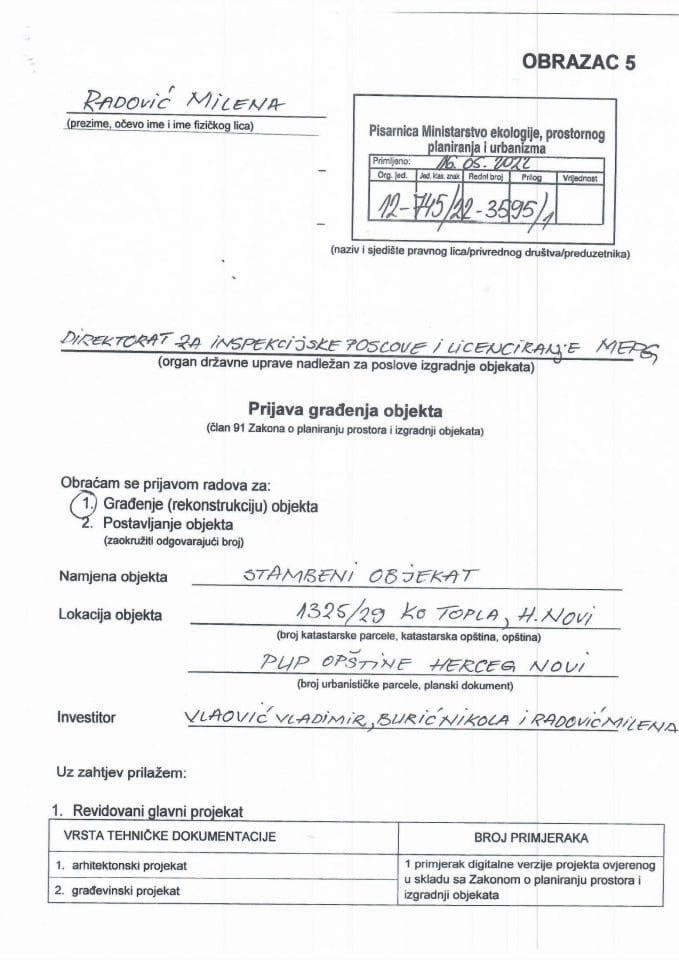 Prijava građenja objekta - 12-745-22-3595-1 Vlaović Vladimir, Burić ...
