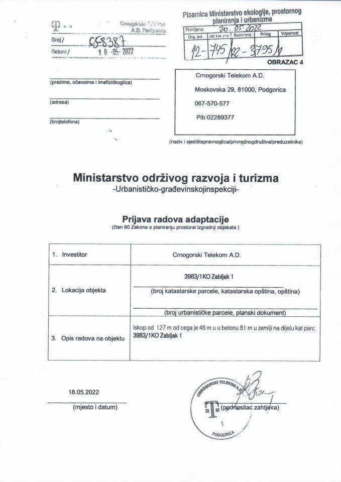 Prijava radova adaptacije - 12-745-22-3795-1 CRNOGORSKI TELEKOM AD