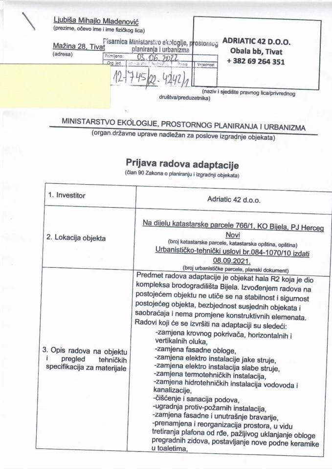 Prijava radova adaptacije - 12-745-22-4242-1 ADRIATIC 42 DOO