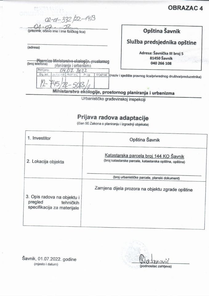 Prijava radova adaptacije - 12-745-22-5033-1 OPŠTINA ŠAVNIK