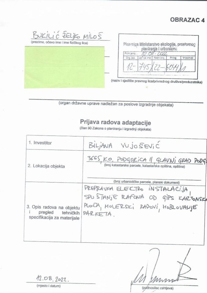 Prijava radova adaptacije - 12-745-22-6044-1 BILJANA VUJOŠEVIĆ