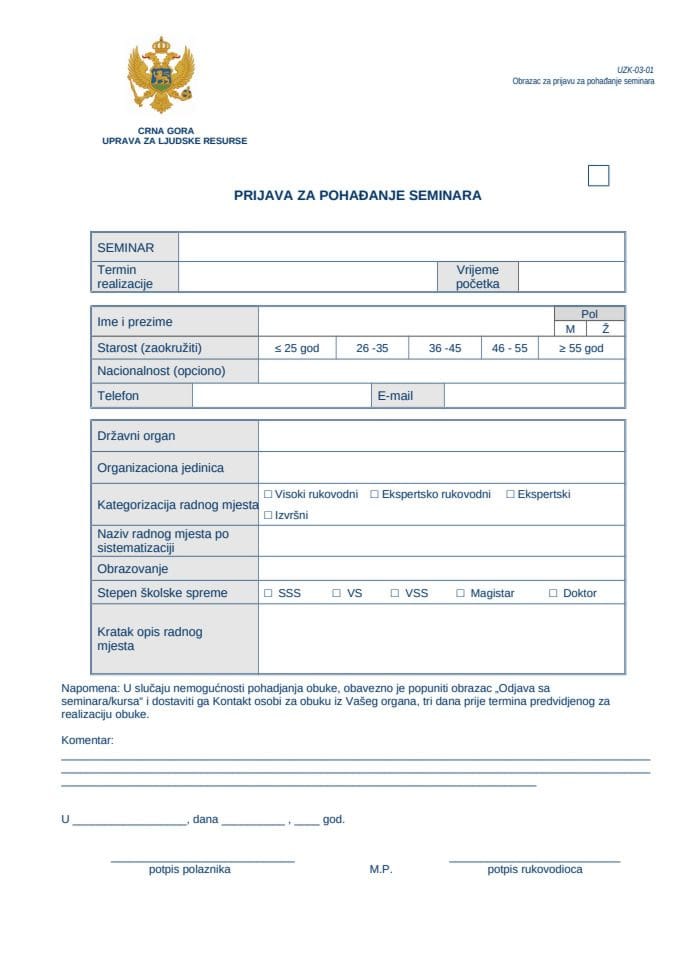 Prijava za pohađanje seminara