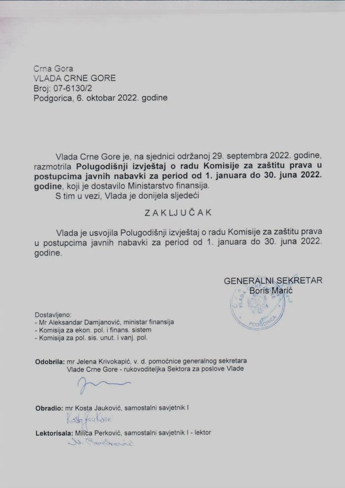 Polugodišnji zvještaj o radu Komisije za zaštitu prava u postupcima ... Polugodišnji zvještaj o radu Komisije za zaštitu prava u postupcima ...